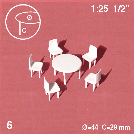 ROUND TABLE + 5 CHAIRS, WHITE, M=1:25 (1 PCS) – Schuckertz Model Material